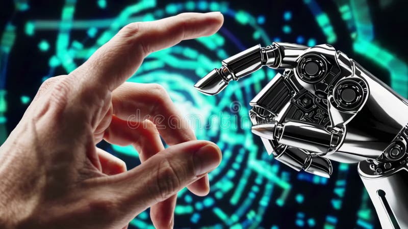 Human and Robot Hands Interacting on Digital Background Stock Video ...
