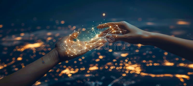 Human and Robotic Hands Reach Across Glowing Data Streams, almost ...