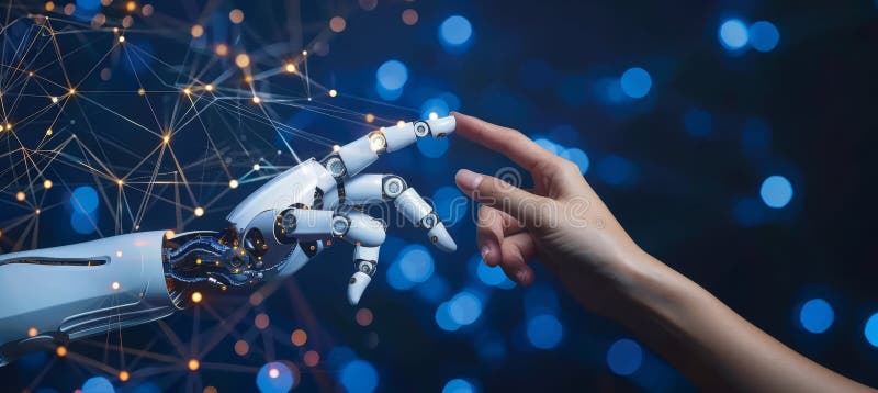 Human and Robotic Hands Reaching Across Glowing Data Network ...
