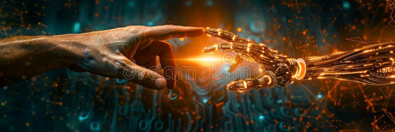 Human and Robotic Hands Reaching Across Glowing Data Streams, almost ... Human and Robotic Hands Reaching Across Glowing Data Streams, almost ...