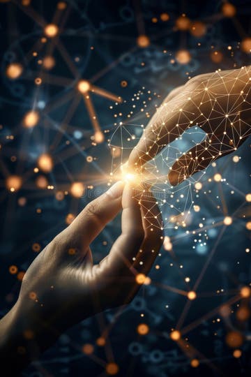 Human and Robotic Hands Reaching Across a Glowing Network of Data ...