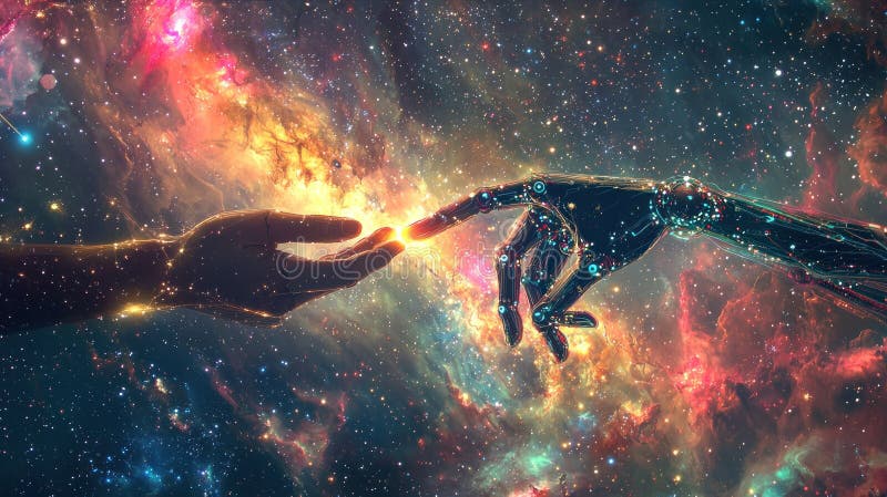 Human and Robotic Hands Reaching in a Colorful Galaxy Stock ...