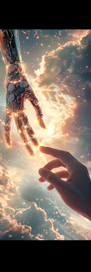 Human and Robotic Hands Reaching Futuristic Connection Stock Image ...