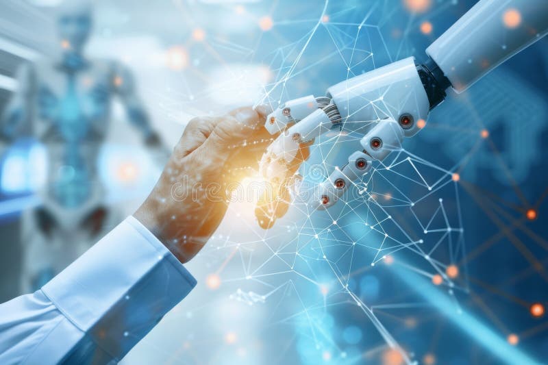 Human and Robotic Hands Touching Amidst Abstract Data Connections and ...