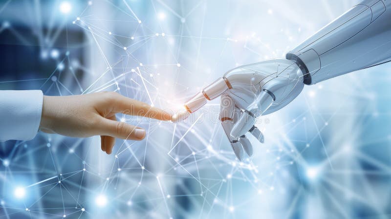 Human and Robotic Hands Touching Amidst Abstract Data Network ...
