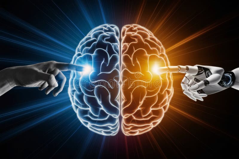Human and Robotic Hands Touching Brain with Blue and Orange Light ...