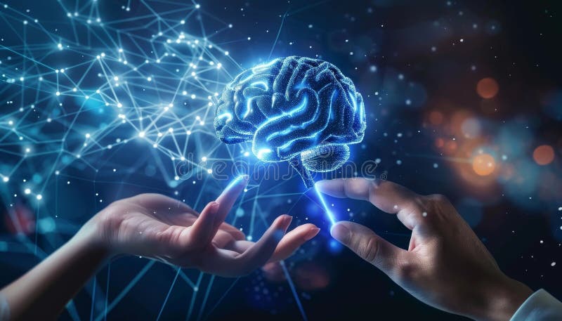 Human and Robotic Hands Touching Digital Brain, Concept of AI and Human ...