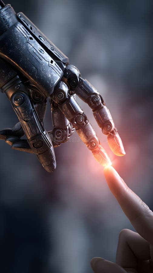 Human and Robotic Hands Touching with Glowing Light Symbol of ...