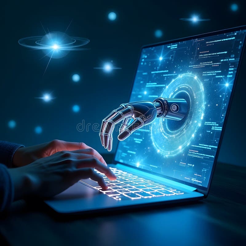 Human and Robotic Hands Typing in Futuristic AI Lab, Ultra-Realistic ...