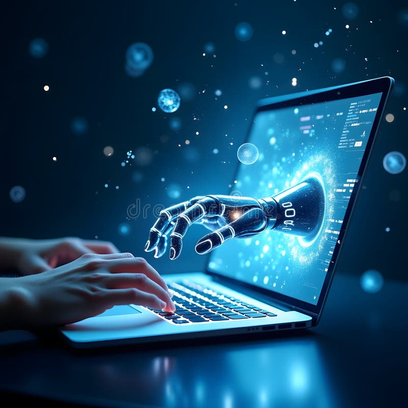 Human and Robotic Hands Typing in Futuristic AI Lab, Ultra-Realistic ...