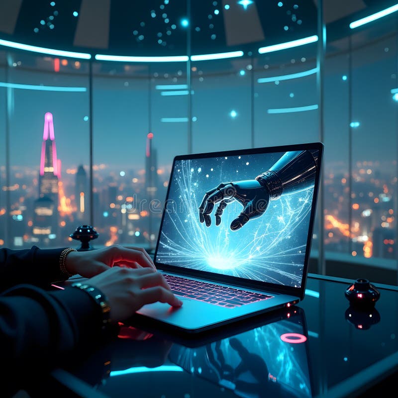 Human and Robotic Hands Typing in Futuristic AI Lab, Ultra-Realistic ...