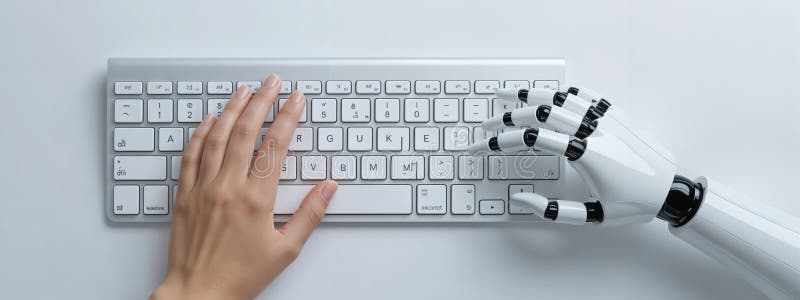 Human and Robotic Hands Typing on a Modern Keyboard, Symbolizing AI ...