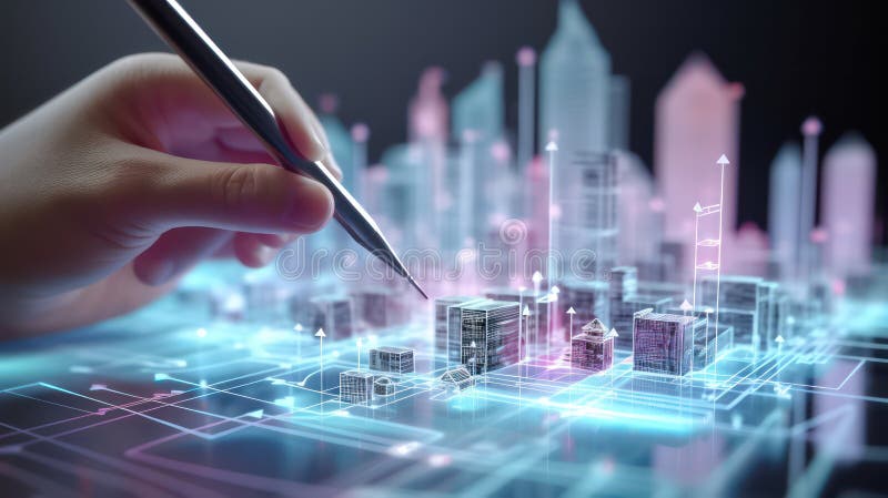 Human S Hand Using a Pen Writing on a Digital Virtual Cityscape ...