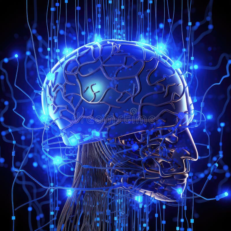 Human Scull Surrounded by Blue Neon Wires, Information Fields, Neural ...