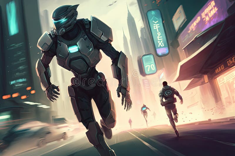 Human Security Guard Chasing Android Thief through Futuristic, Sci-fi ...