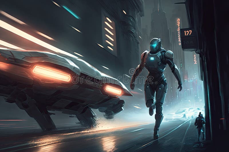 Human Security Guard Chasing Android Thief through Futuristic, Sci-fi ...