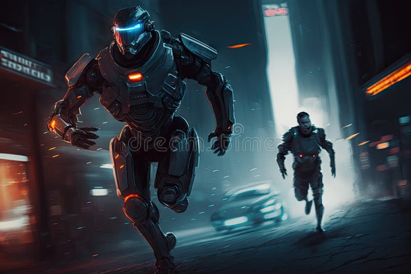 Human Security Guard Chasing Android Thief through Futuristic, Sci-fi ...
