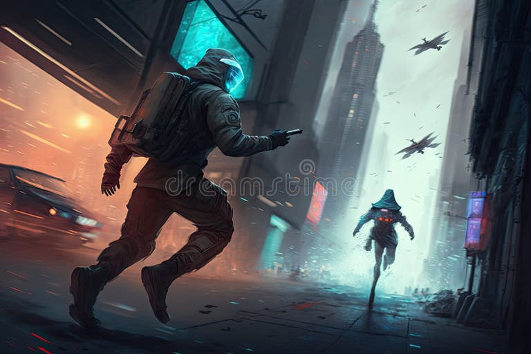 Human Security Guard Chasing Android Thief through Futuristic, Sci-fi ...