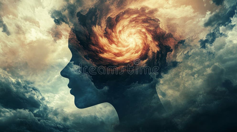 Human Silhouette with Abstract Swirl Inside Head Against Clouds Stock ...