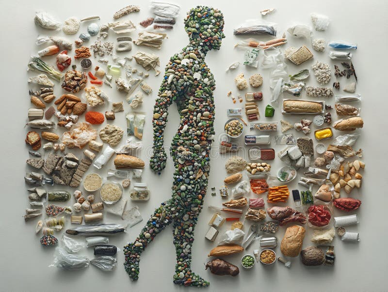 Human Silhouette Composed of Processed Food Items Arranged Creatively ...