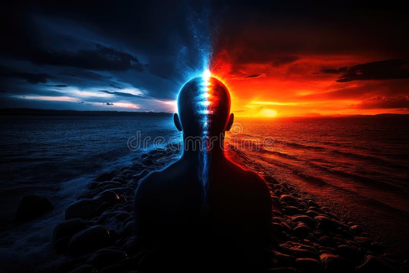 Human Silhouette with Duality of Light and Darkness at Sunset by Ocean ...