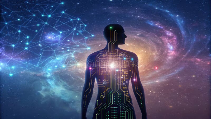 Human Silhouette with Electronic Circuits Merging with Universe Network ...