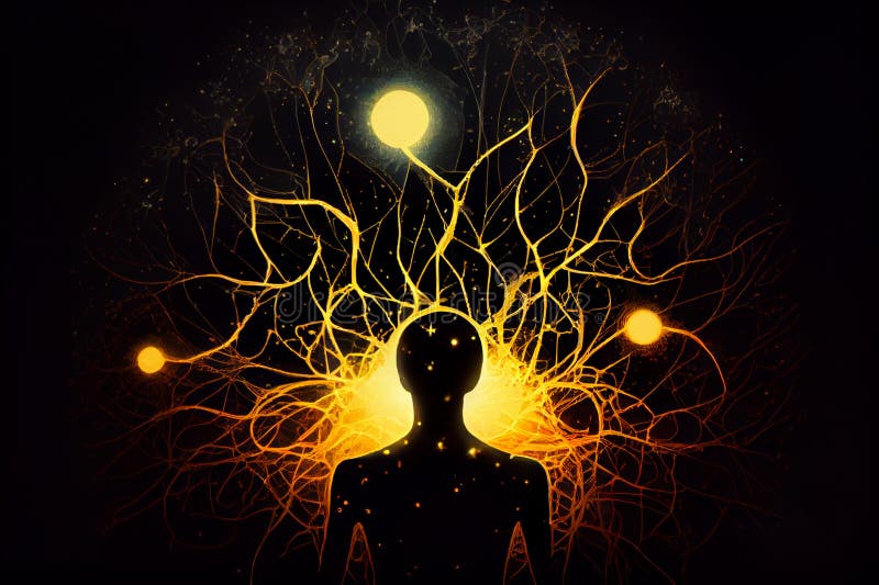 Human Silhouette with Glowing Neurons and Protons in Cosmic Space. AI ...