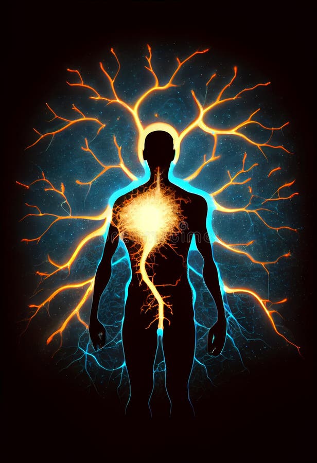 Human Silhouette with Glowing Neurons and Protons in Cosmic Space. AI ...