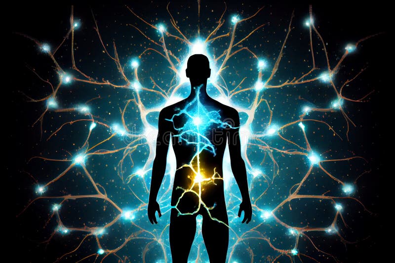 Human Silhouette with Glowing Neurons and Protons in Cosmic Space. AI ...