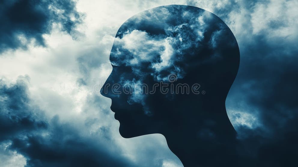 Human Silhouette Head with Clouded Eyes Against Dramatic Sky Stock ...