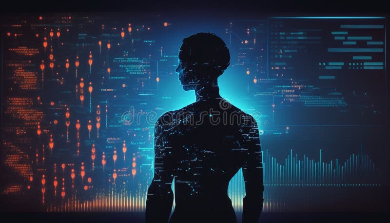 Human Silhouette Looking at a Large Digital Screen Stock Illustration ...