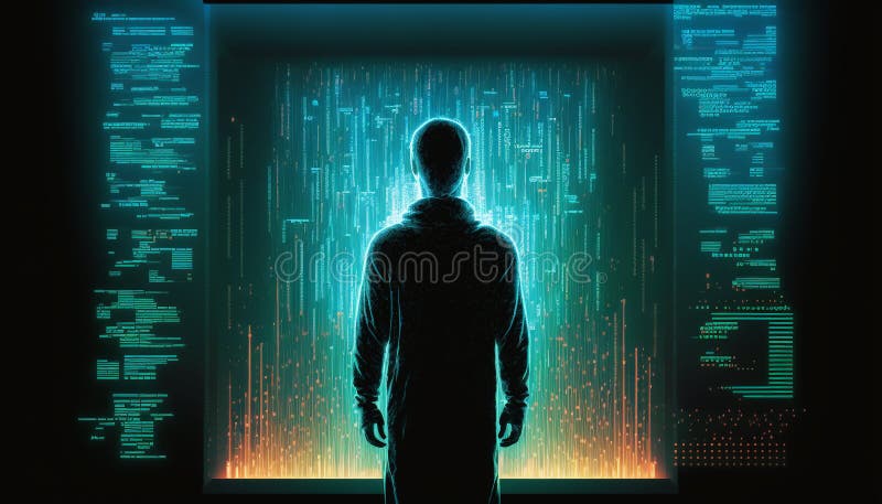 Human Silhouette Looking at a Large Digital Screen Stock Illustration ...