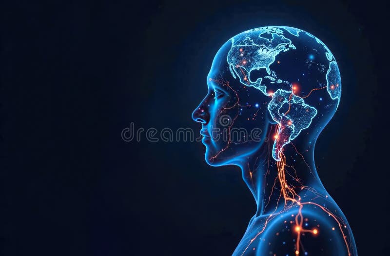 Human Silhouette Merging with a Digital World Map Illustrating Global ...