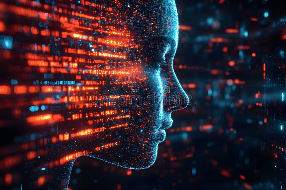 A Human Silhouette Observing Lines of Code and Complex Data Visualizations Flowing Around a ...