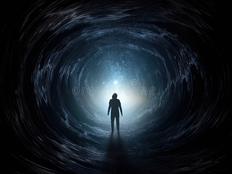 Human Silhouette in Space Wormhole Going To the Light Stock ...