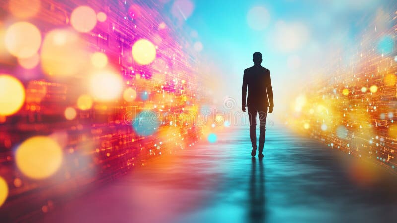 A Human Silhouette Walking on Path of Glowing Ideas, Surrounded by ...