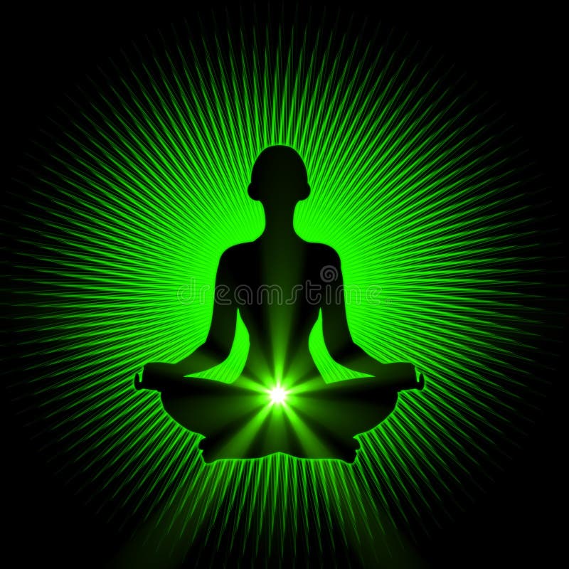 Silhouette of Meditating Person with Blue Light Rays Background Stock ...