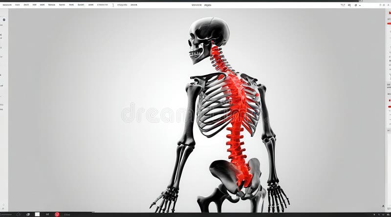 Human Skeleton Back View 3D Render Red Spine Anatomy Gray Background ...