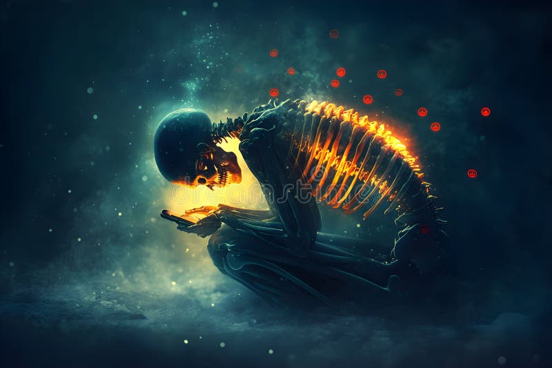 A Human Skeleton Crouches in a Dimly Lit Environment, Holding a Glowing ...