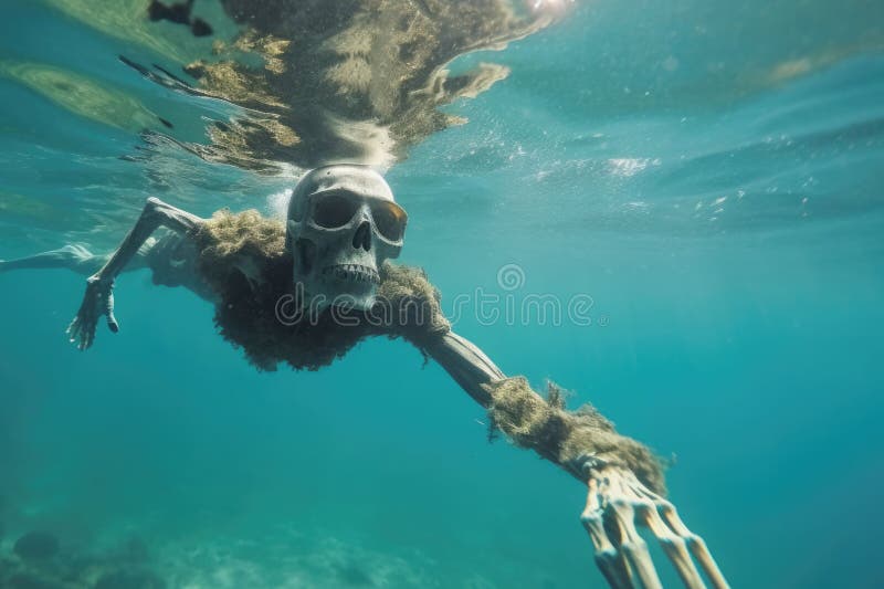 Human Skeleton Depicted Swimming through the Deep Blue Ocean. AI ...