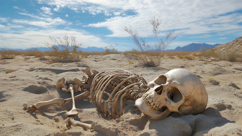 Human Skeleton in Desert Landscape Under Clear Sky Stock Photo - Image ...