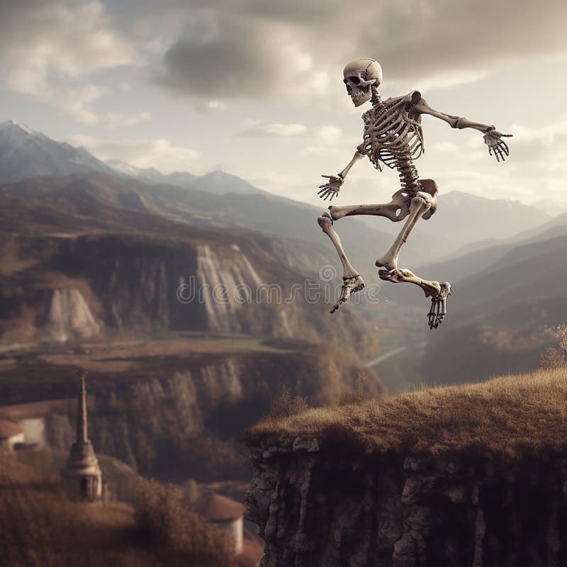 Human Skeleton Falls Down from Steep Cliff Against Backdrop of Mountain ...