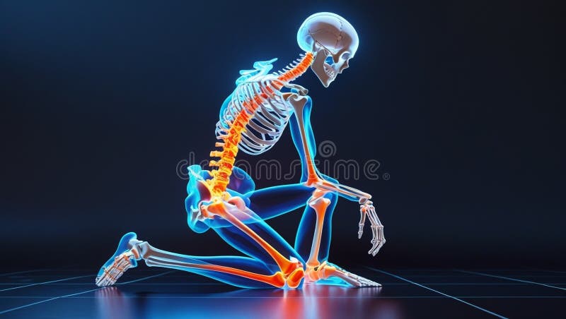 Human Skeleton with Highlighted Spine and Joints in Kneeling Position ...