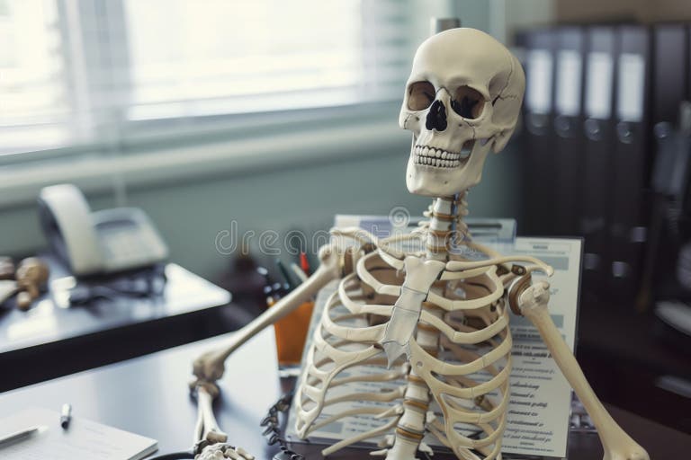 A Human Skeleton Model on a Desk with a Name Label Chart Stock Image ...