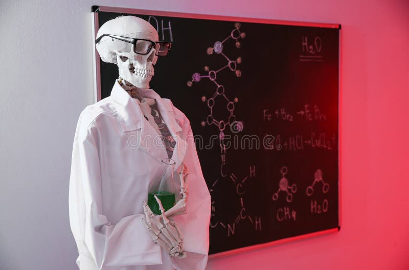 Human Skeleton Model with Flask in Classroom, Toned in Red Stock Image ...