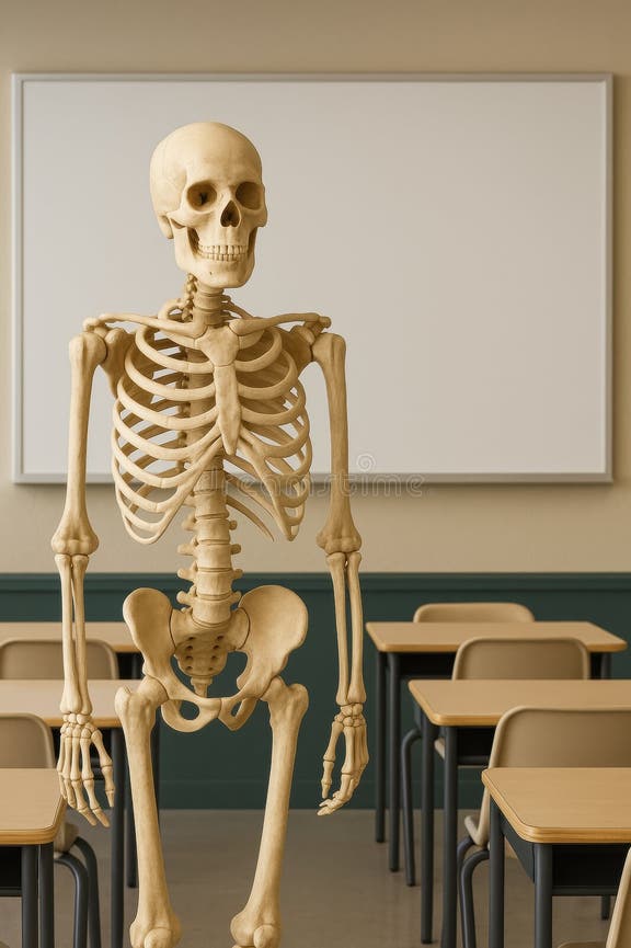 Human Skeleton Model Stands in Empty Classroom with Desks and ...