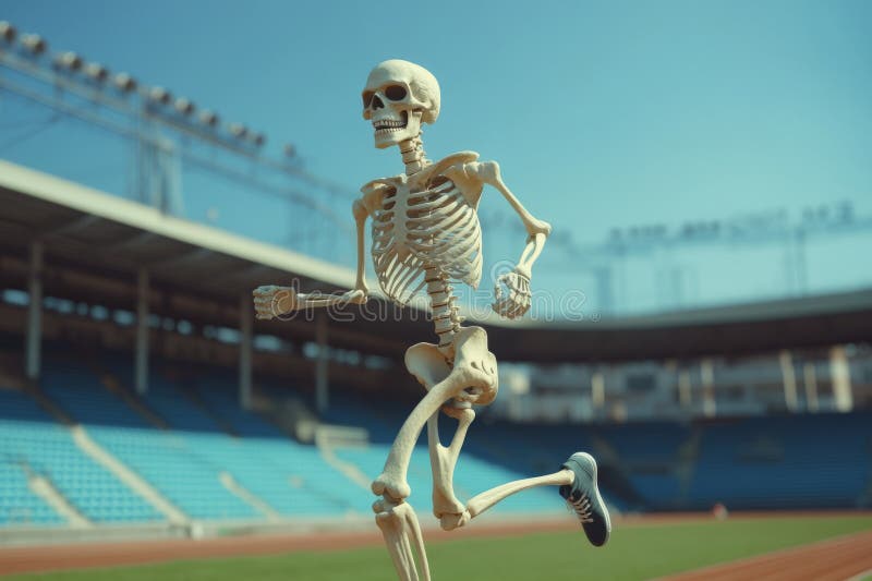 Human Skeleton Running on Athletic Track Inside Stadium Stock Photo ...