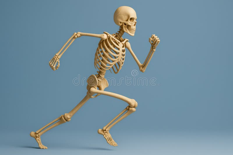 Human Skeleton in Running Pose Against Blue Background, Showcasing ...