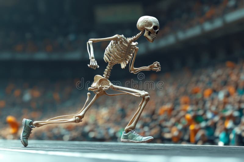 Human Skeleton Running on a Track Inside a Stadium with a Crowd of ...