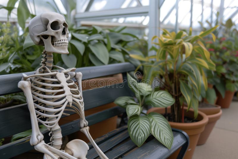 Human Skeleton Seated on a Bench in a Greenhouse beside Potted Plants ...